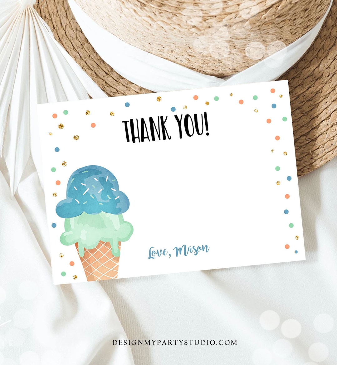 Editable Ice Cream Thank You Card Ice Cream Birthday Thank You Note Boy ...