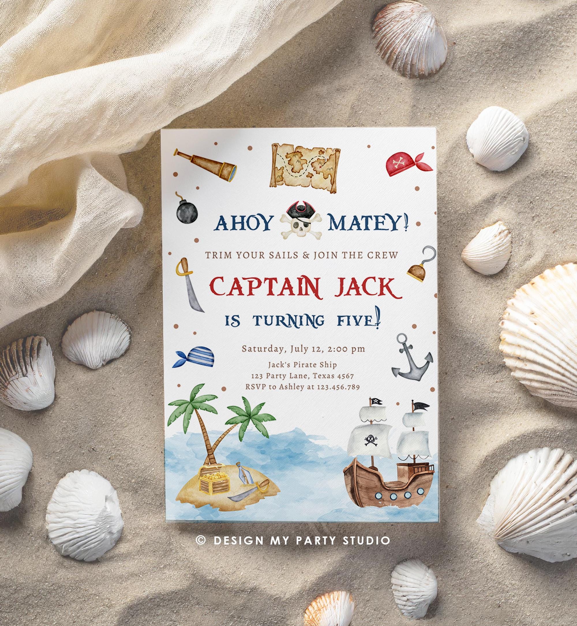 Editable Ahoy Matey Pirate Birthday Invitation Pirates Party Nautical ...