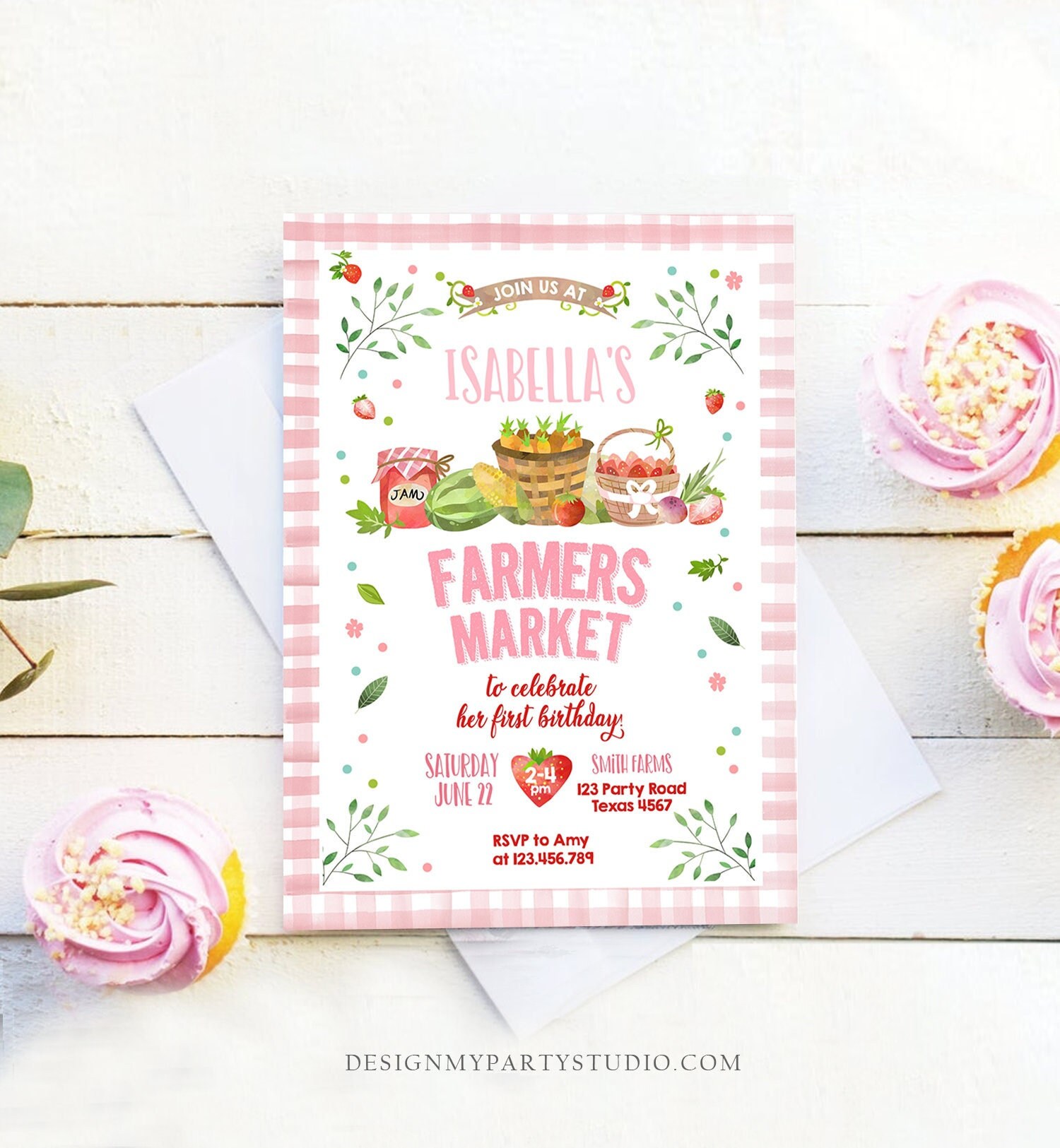 Editable Farmers Market Birthday Invitation Pink Strawberry Home Grown ...