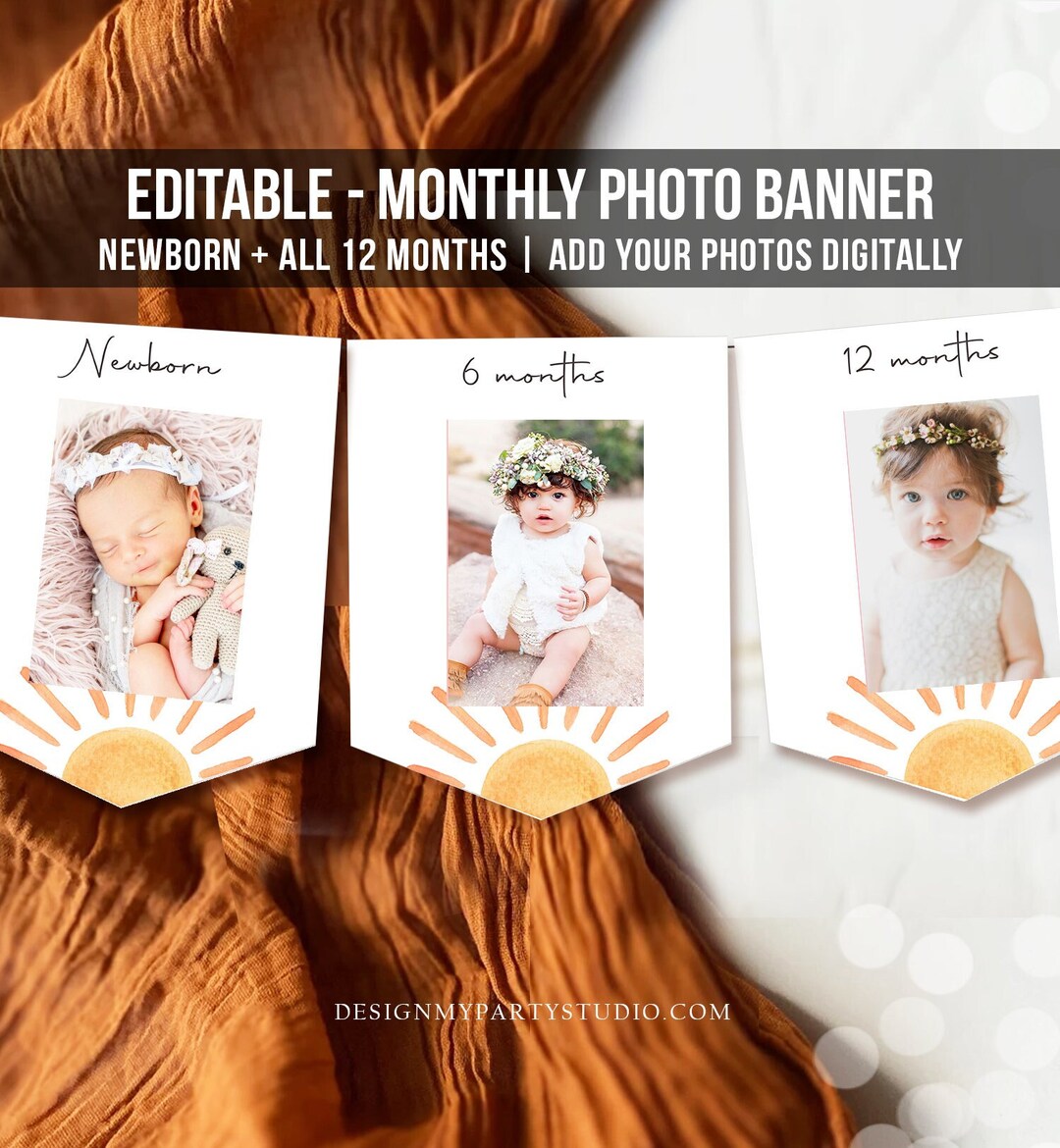 Editable Sun Monthly Photo Banner First Birthday Banner Sunshine 1st ...