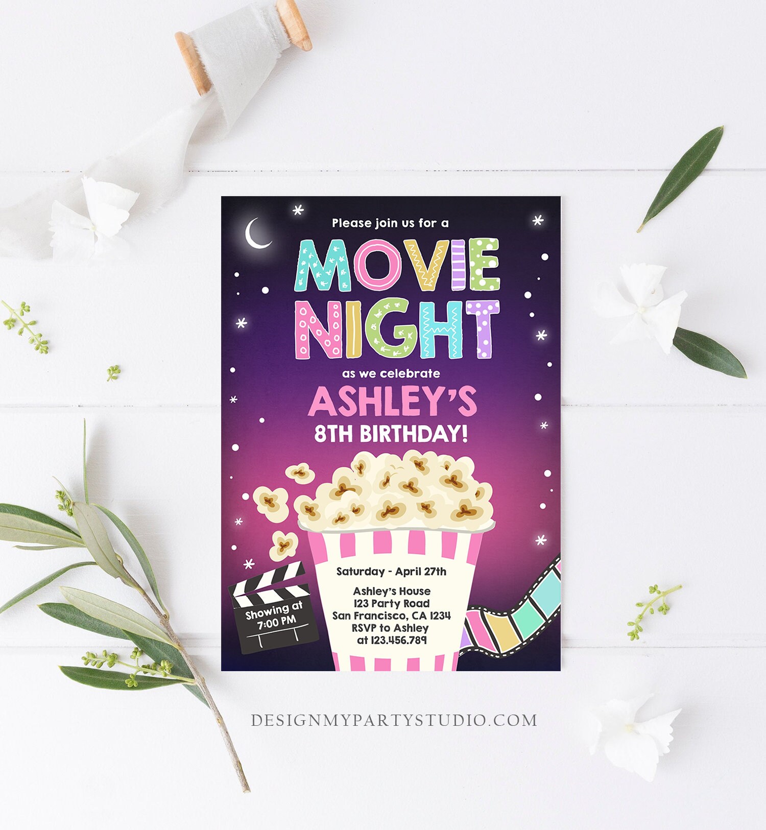 Editable Movie Night Birthday Invitation Girl Backyard Outdoor | Etsy