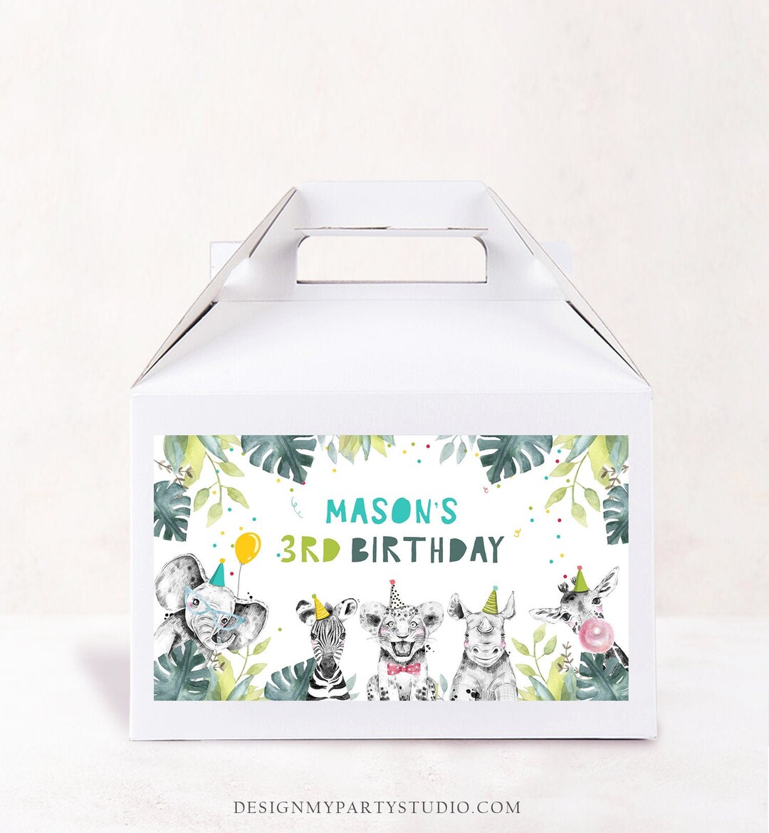 Editable Party Animals Gable Box Safari Animals Birthday Gift Box ...