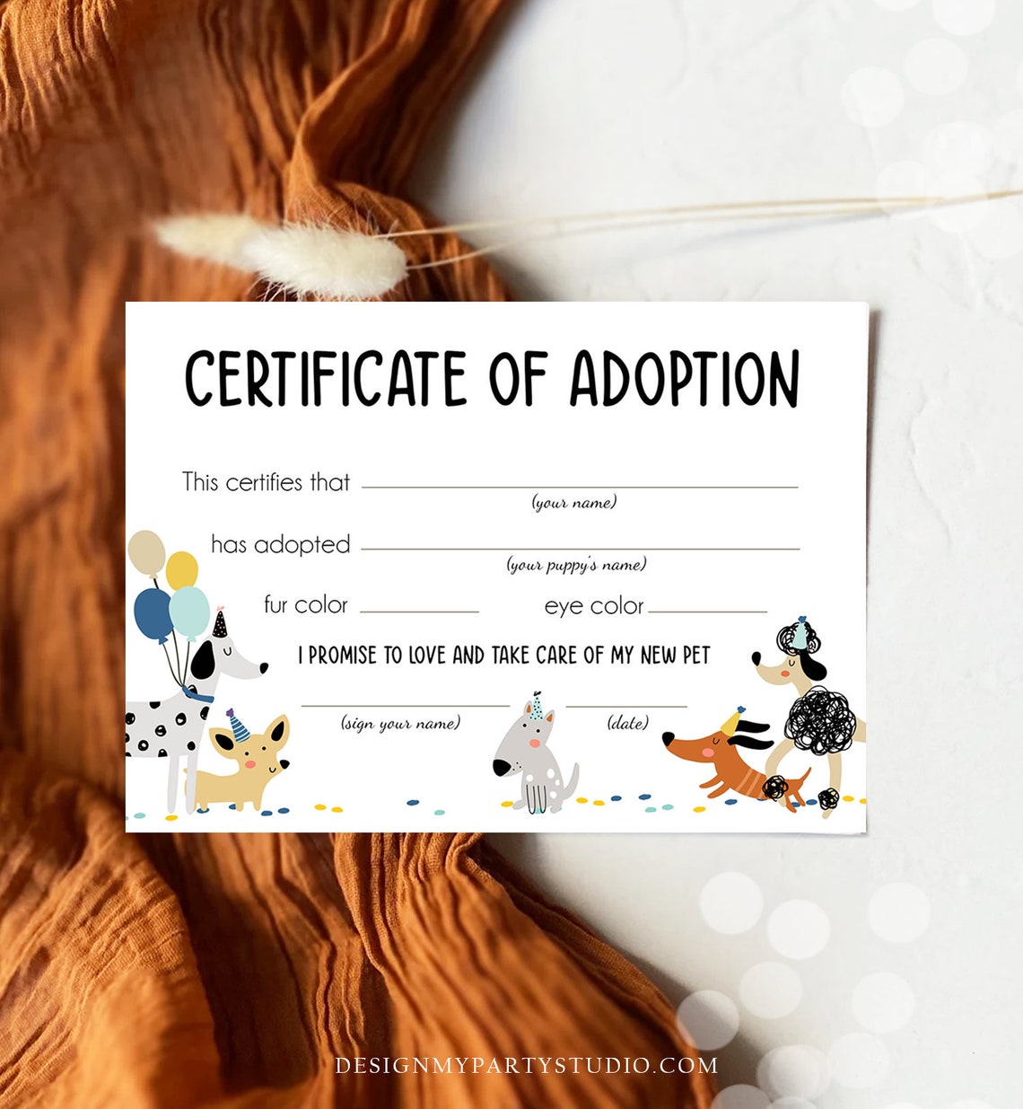 Pet Adoption Certificate Puppy Adoption Dog Birthday Party Boy Blue ...