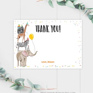 Editable Party Animals Thank You Card Note Wild One Safari Animals Boy ...