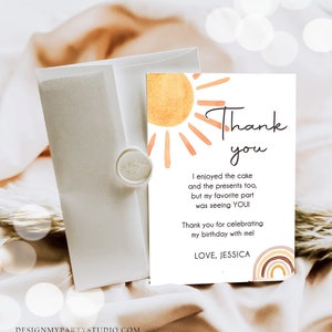 Editable Sun Thank You Card Sun Birthday Party Thank You Note Sunshine ...
