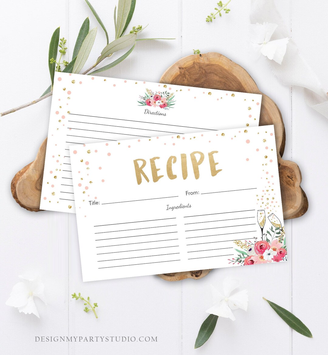 Editable Pink Floral Recipe Cards Brunch and Bubbly Bridal - Etsy