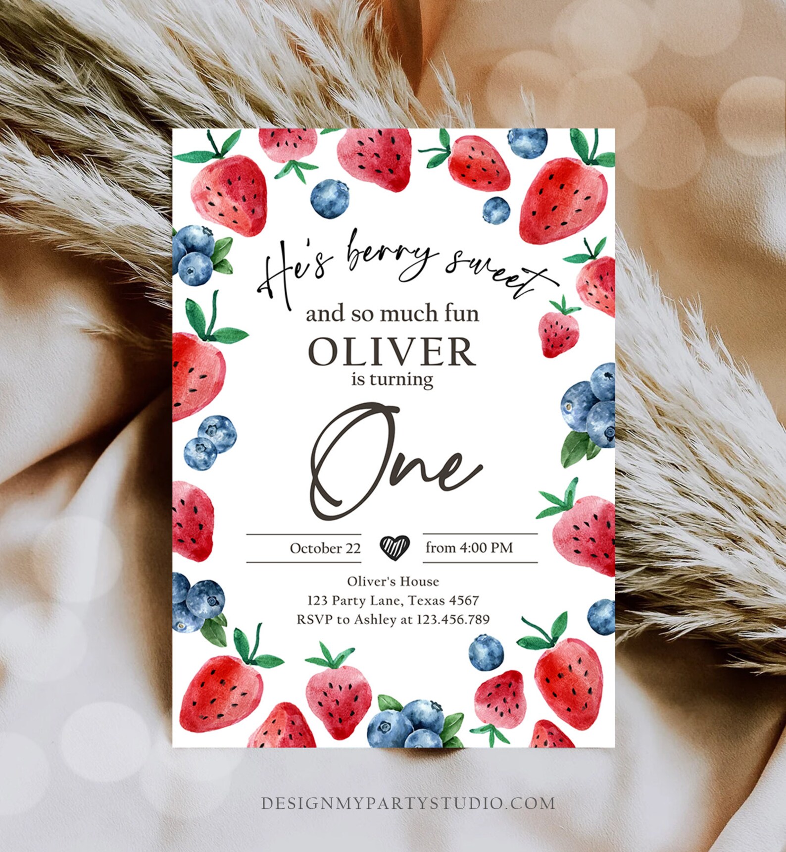 Editable Berry Sweet Birthday Invitation Blueberry Strawberry | Etsy