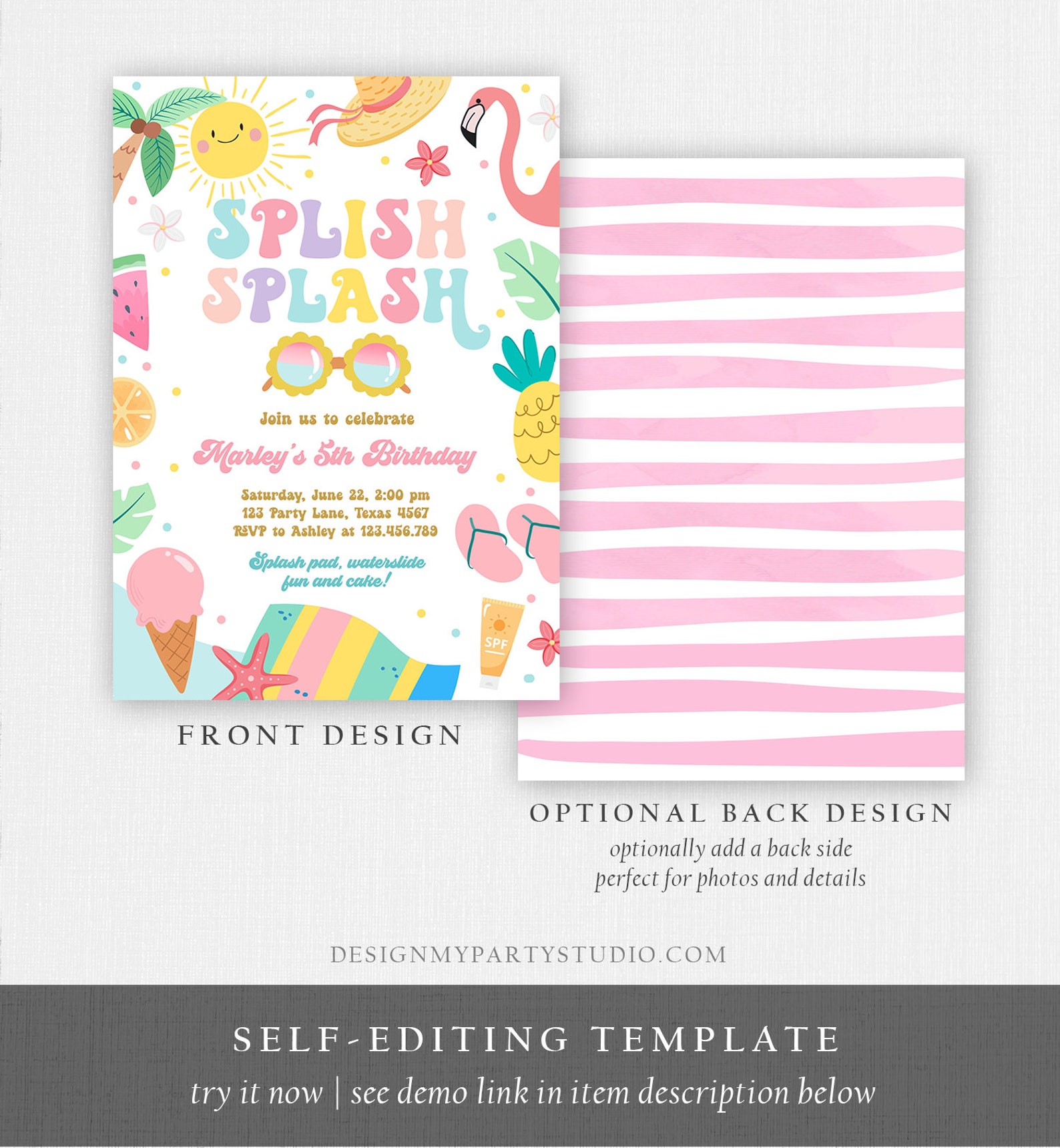 Editable Splish Splash Birthday Invitation Pool Party Girl Summer ...