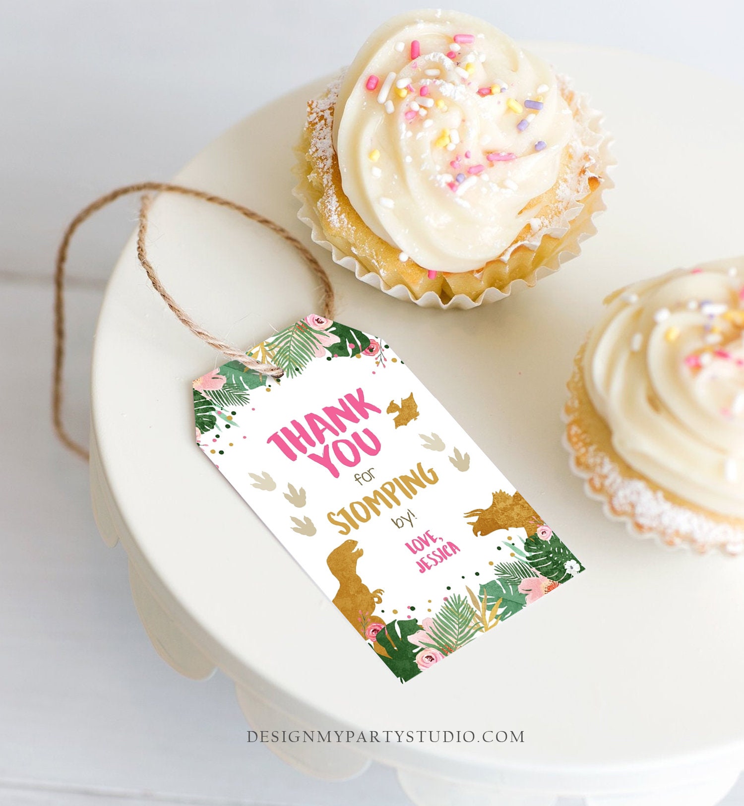 Editable Dinosaur Favor Tags Gift Tag Girl Pink Gold Thank You | Etsy