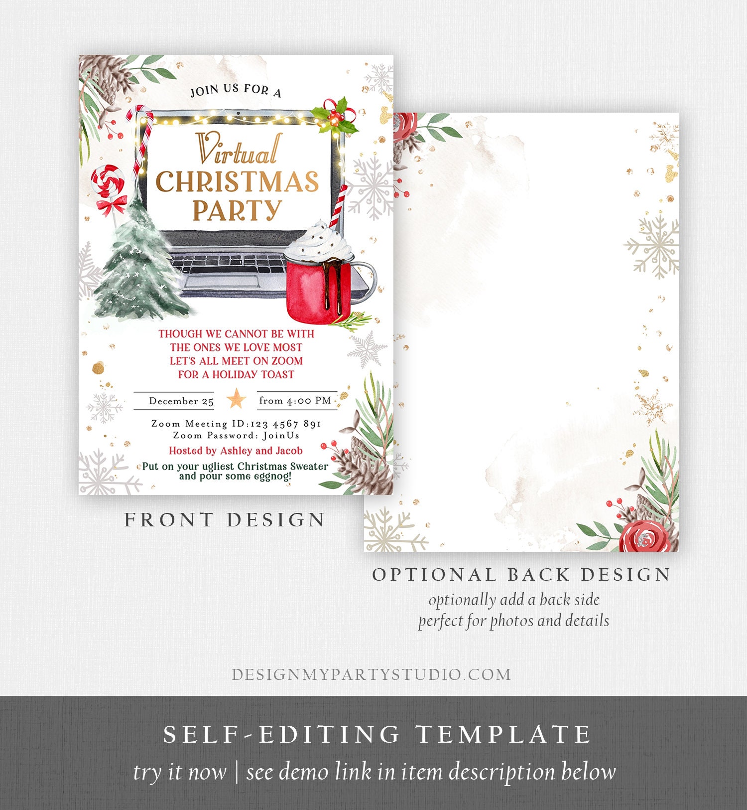 Editable Virtual Christmas Party Invitation Christmas Toast Zoom Laptop ...