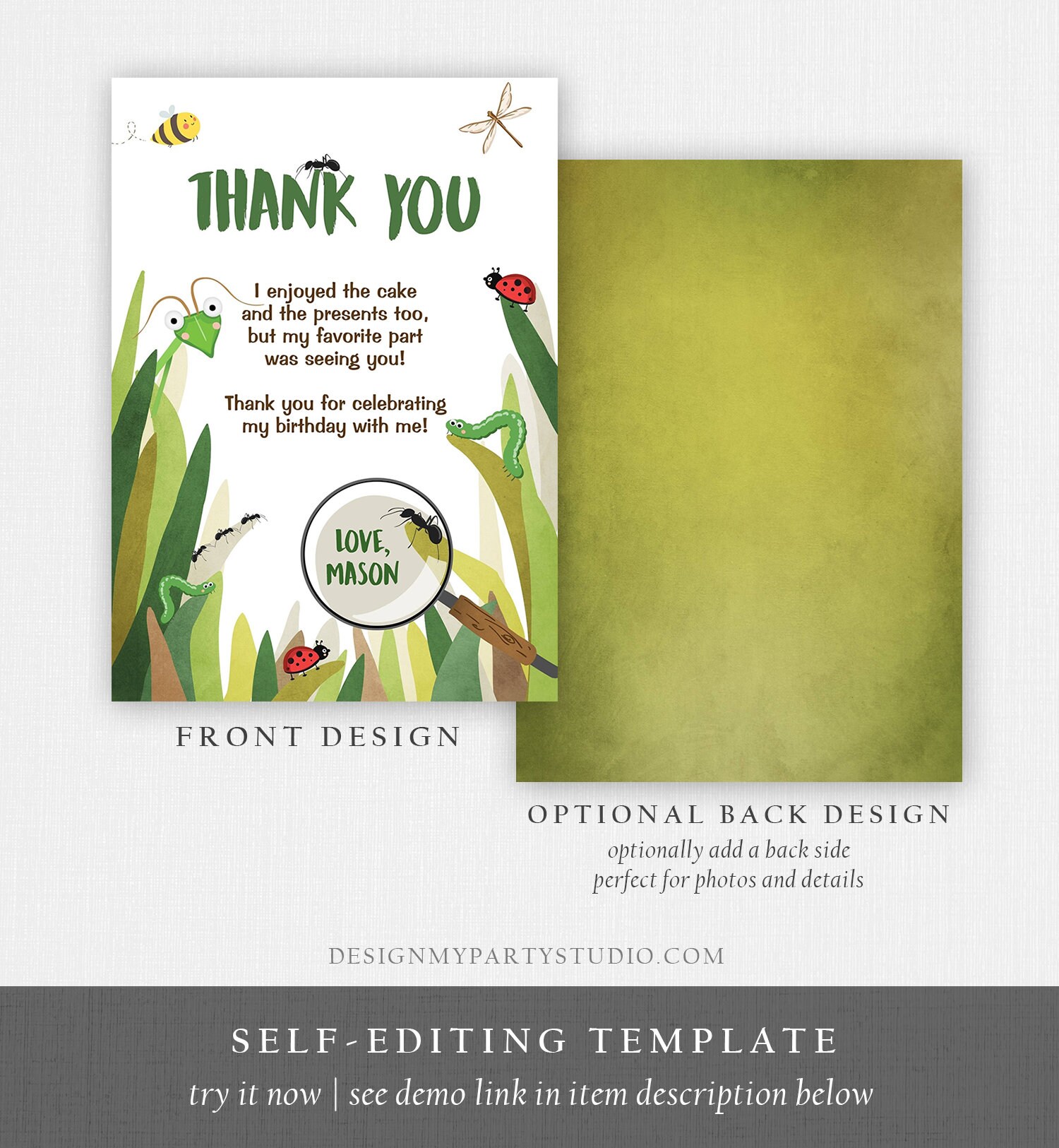 Editable Thank You Card Bug Thank You Note Bug Birthday Insect Party ...