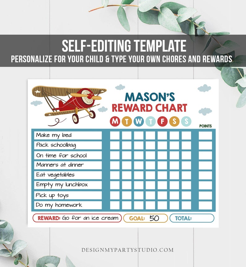 Editable Airplane Reward Chart Boy Red Vintage Airplane Air - Etsy Canada