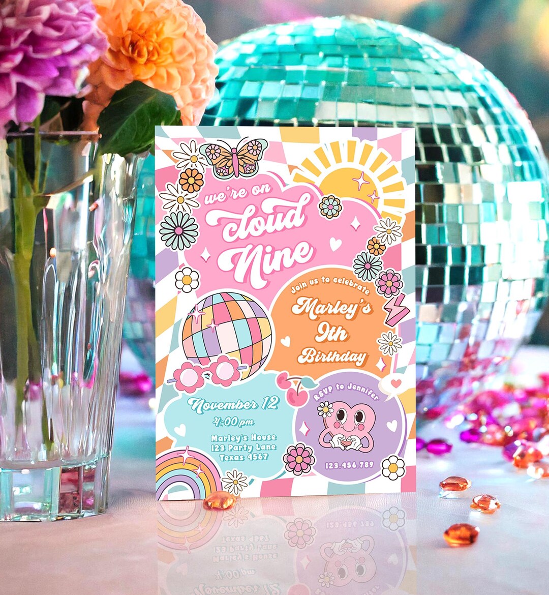 Editable We're on Cloud Nine Groovy 9th Birthday Party Invitation ...