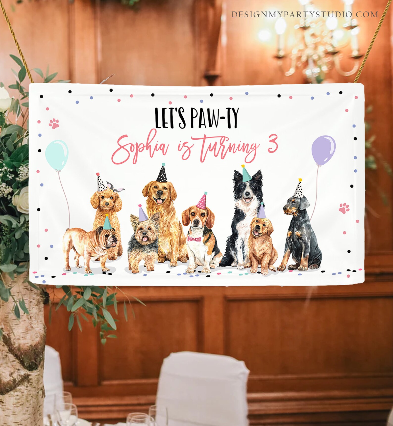 Editable Puppy Backdrop Banner Pink Dog Birthday Puppy Birthday ...