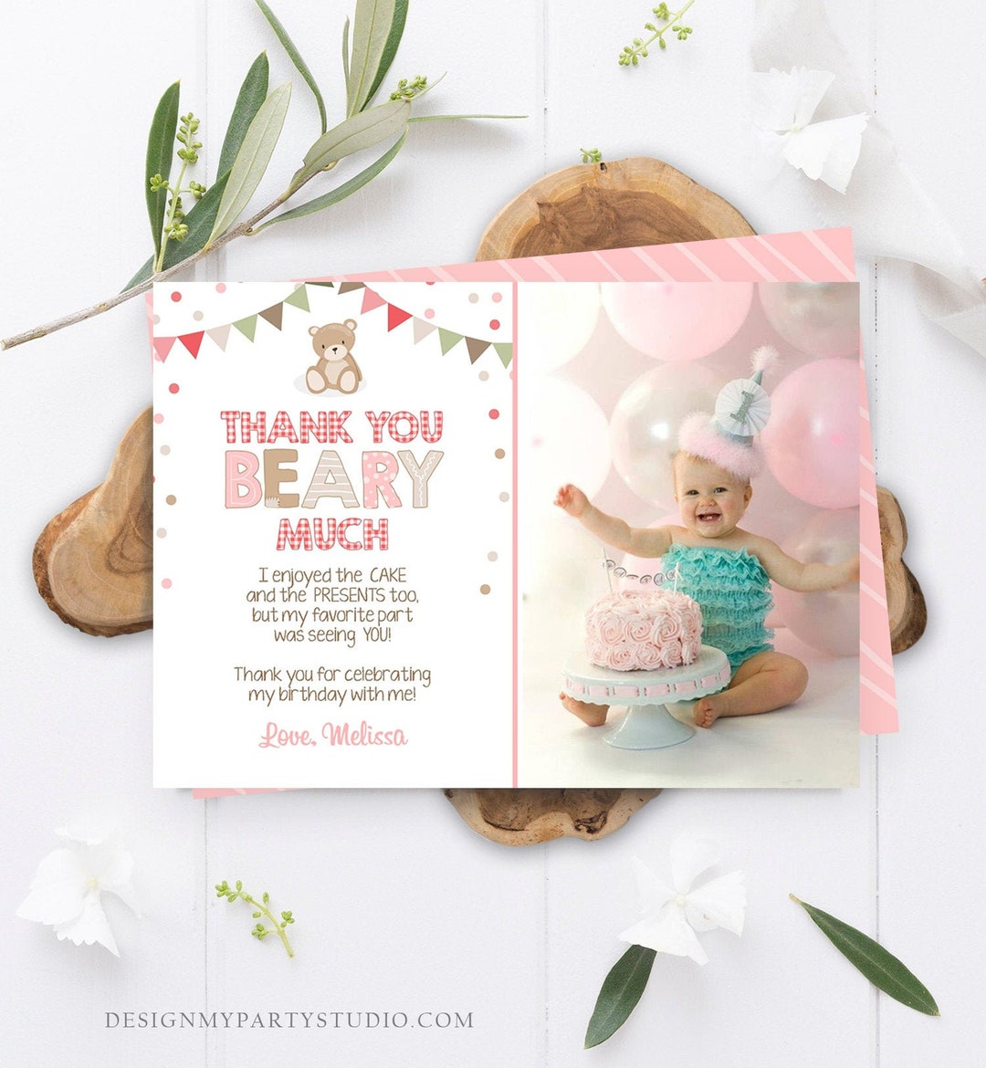 Editable Teddy Bear Thank You Card Birthday Picnic Beary Much Girl Pink ...