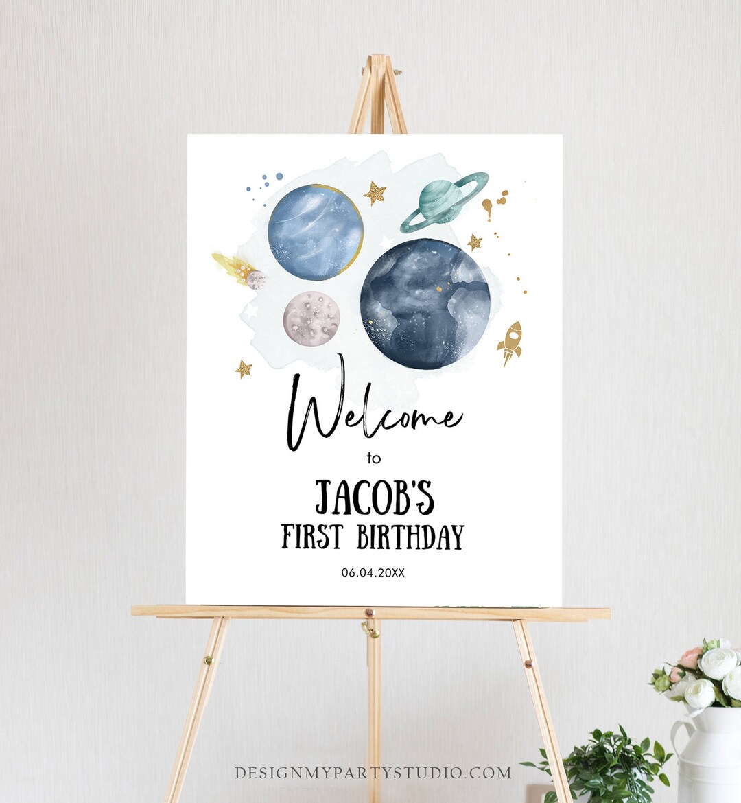 Editable Outer Space Birthday Welcome Sign 1st Birthday Boy Galaxy ...