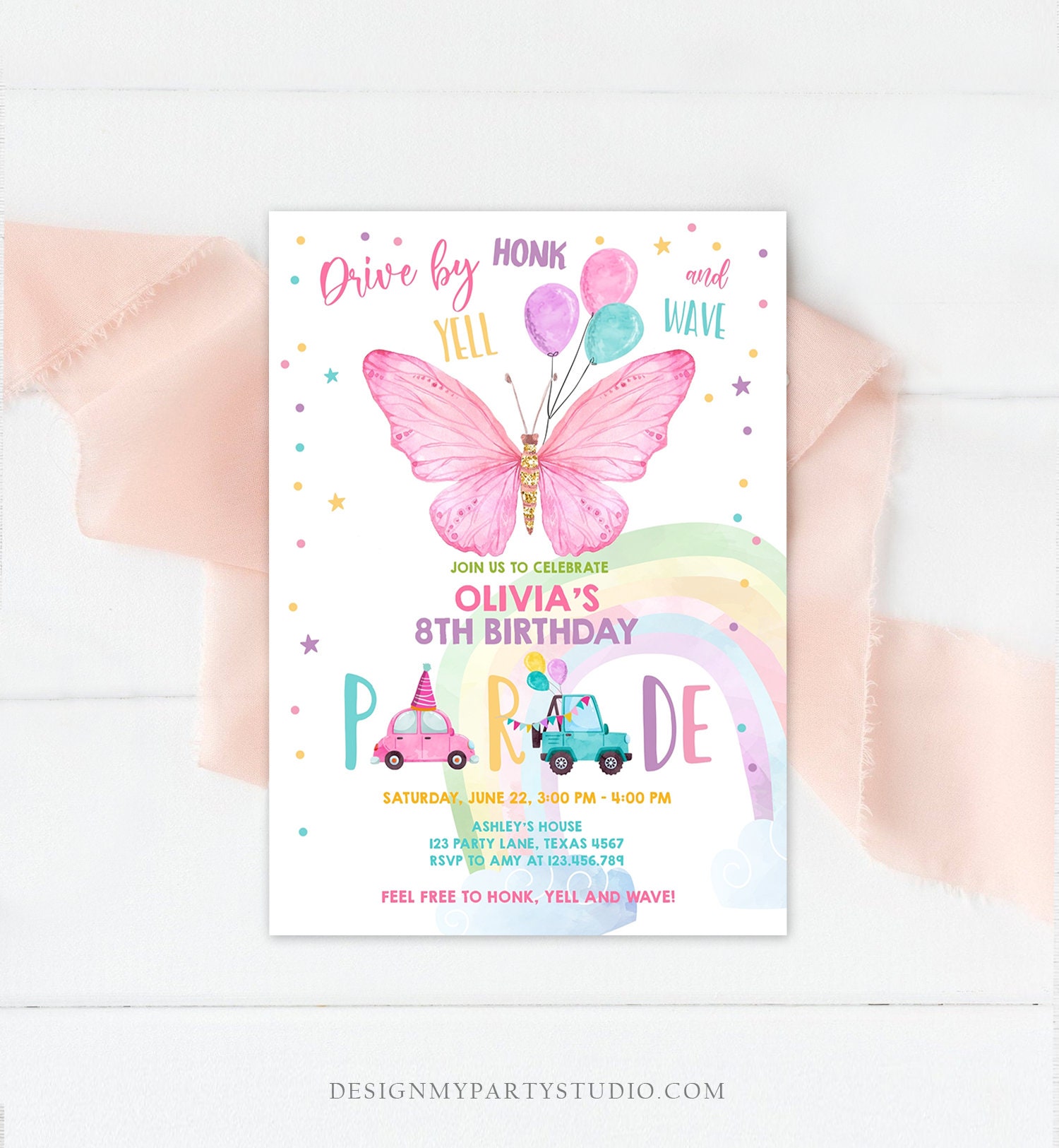 Editable Butterfly Drive by Birthday Parade Invitation Virtual | Etsy