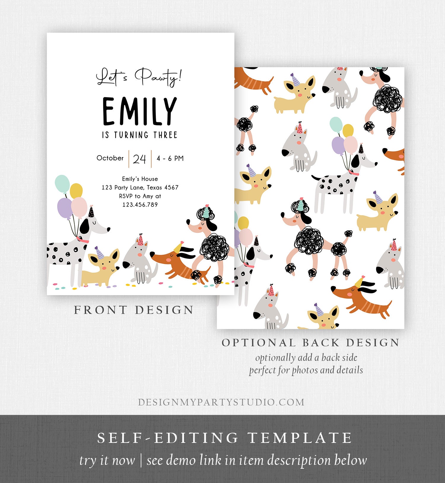 Editable Dog Birthday Party Invitation Puppy Birthday Invite Pink Girl ...