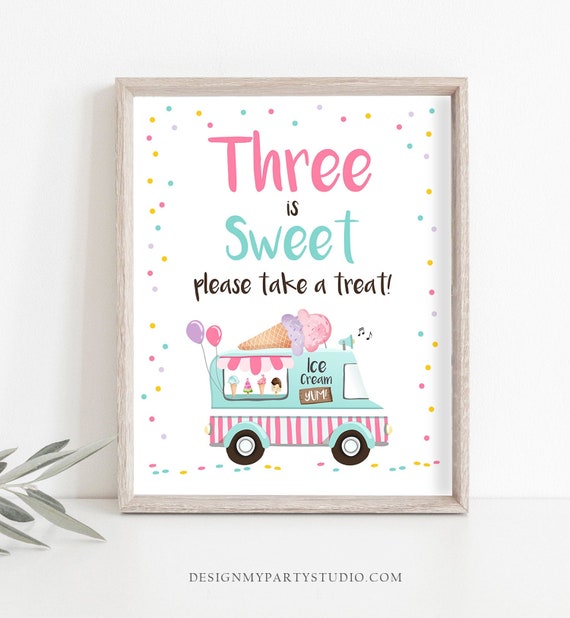 Three is Sweet Take a Treat Ice Cream Birthday Sign Girl Third | Etsy