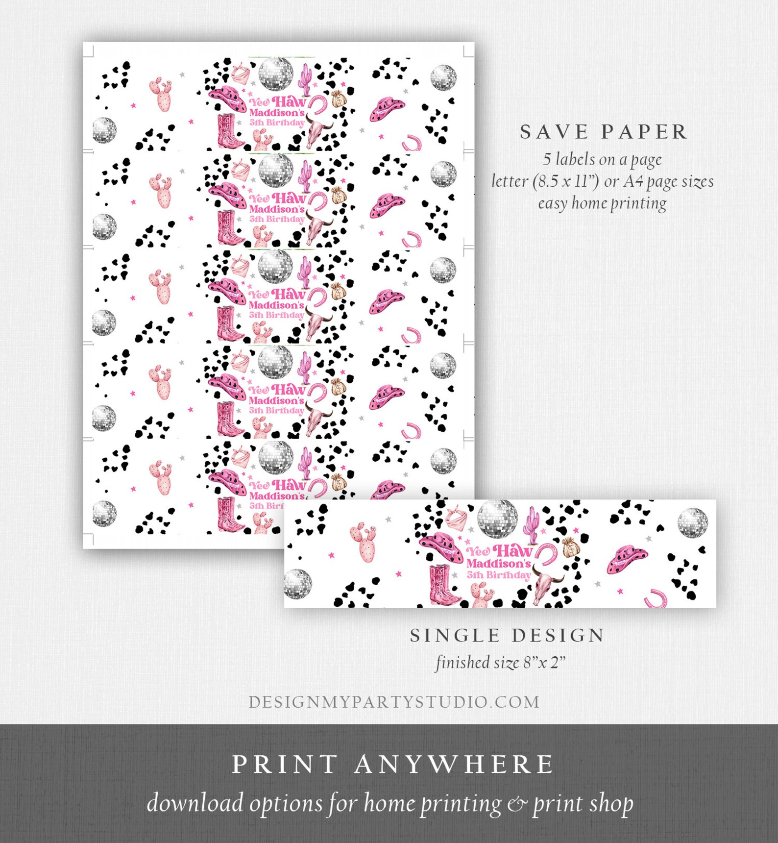 Editable Space Cowgirl Water Bottle Labels Disco Cowgirl Party Decor ...