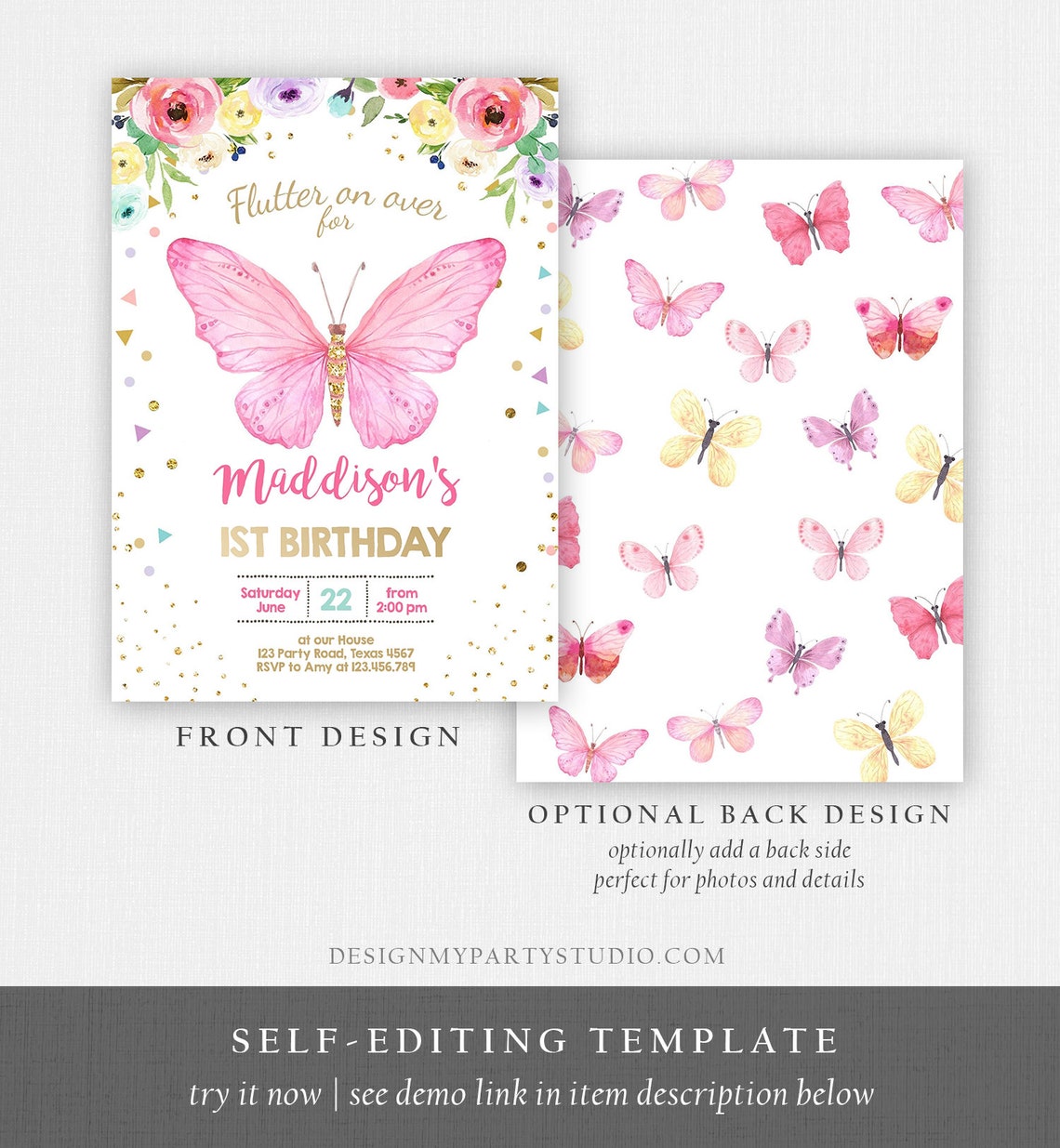 Editable Butterfly Birthday Invitation Butterfly Invitation | Etsy