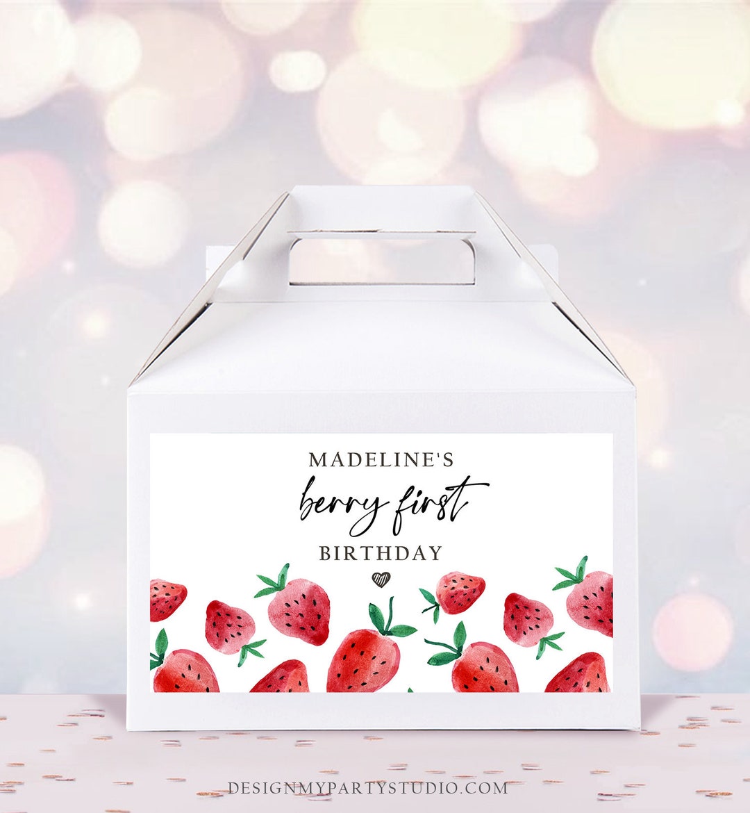 Editable Strawberry Gable Gift Box Label Strawberries 1st Birthday ...