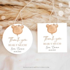 Editable Boho Teddy Bear Favor Tags Thank You Beary Much Round Sticker ...