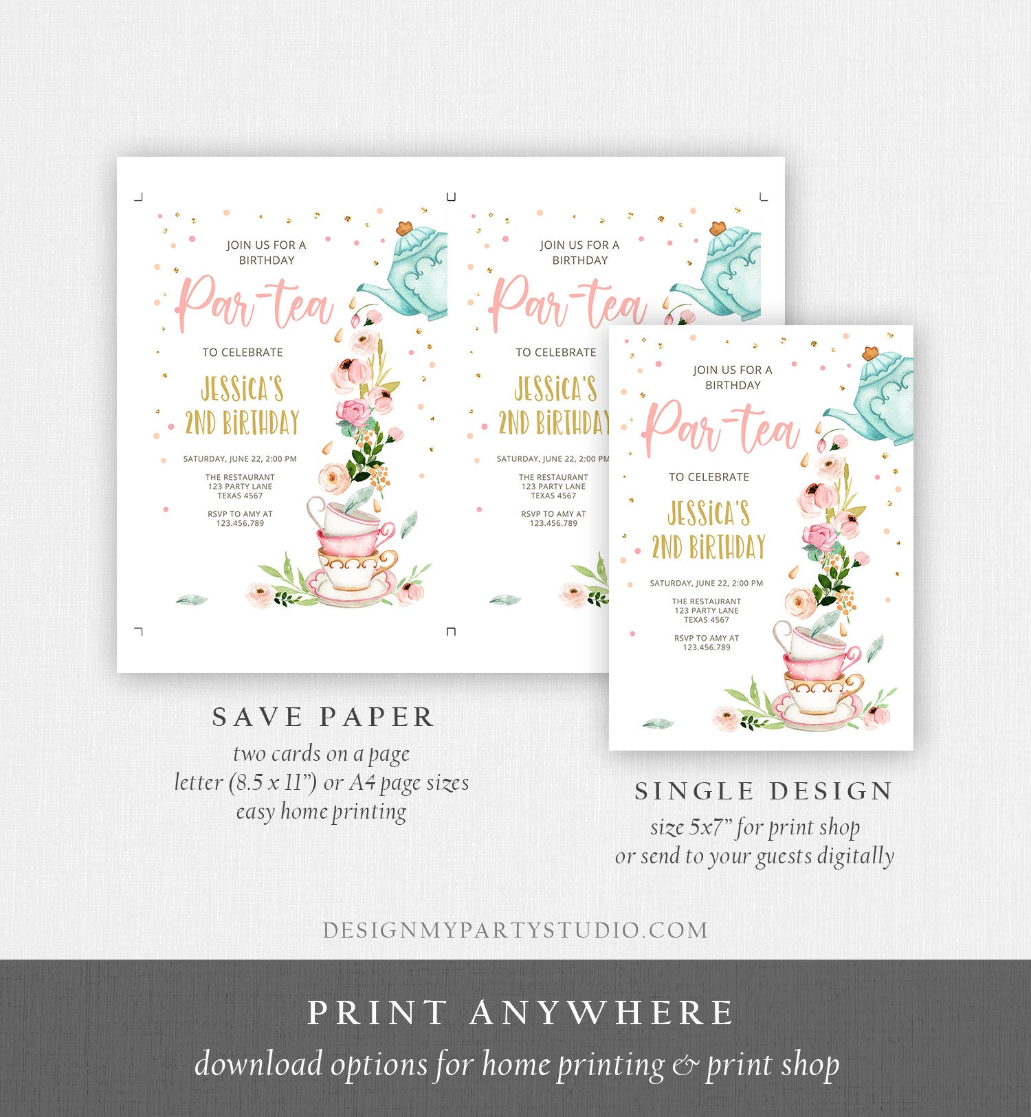 Editable Tea Birthday Invitation Girl Par-tea Invite Virtual - Etsy