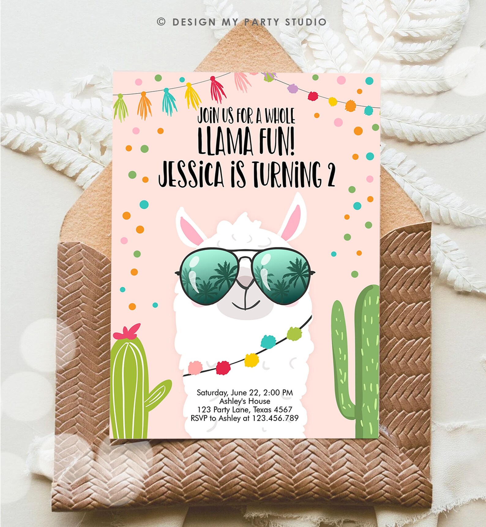 Editable Whole Llama Fun Birthday Invitation Llama Fiesta Cactus ...