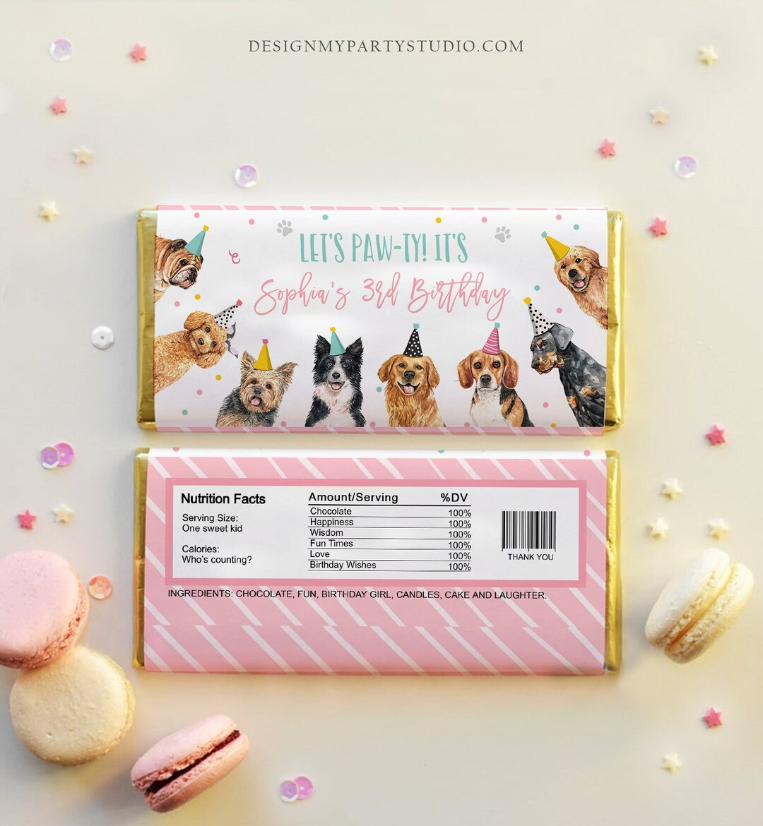 Editable Dog Candy Bar Wrapper Dog Birthday Party Chocolate Bar Label ...