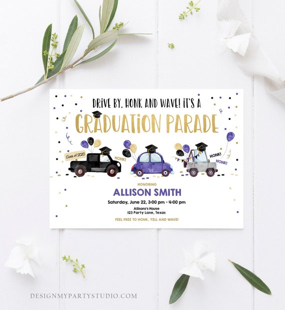 Editable Drive By Graduation Parade Invitation Virtual Party Blue Girl ...