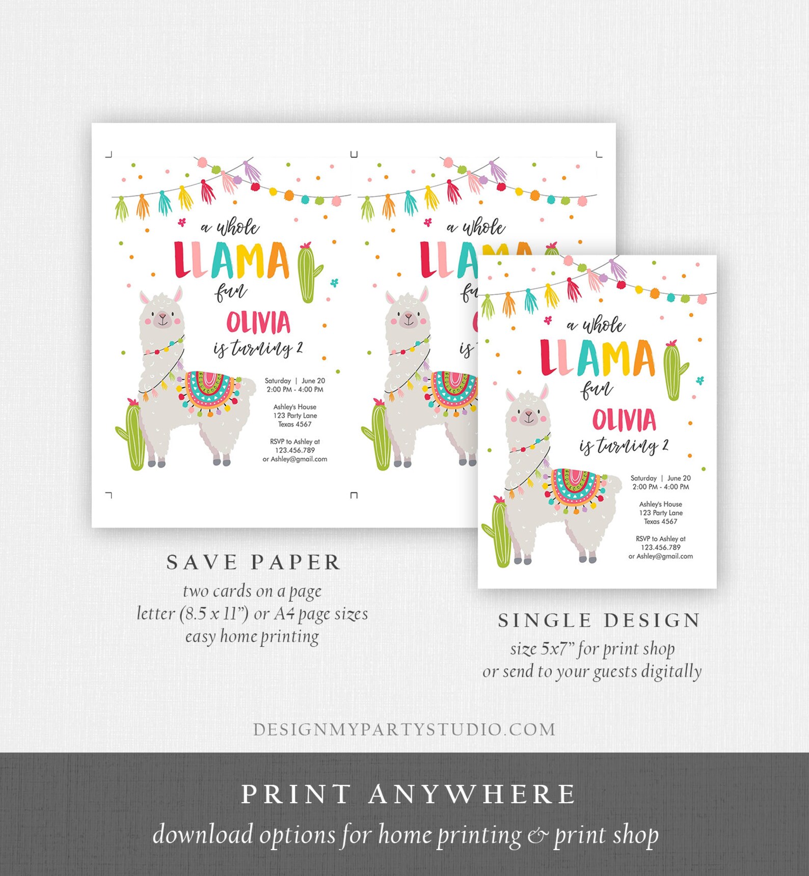 Editable Whole Llama Fun Birthday Invitation Fiesta Mexican Cactus ...