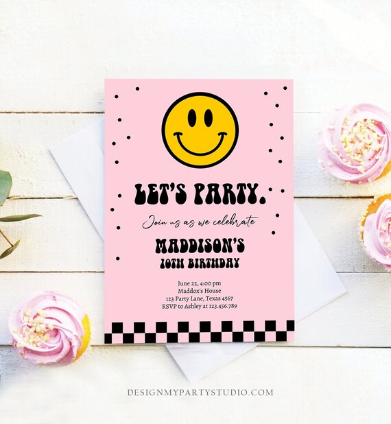 Editable Smiley Birthday Invitation Girl Smiley Face Invite Let's Party ...