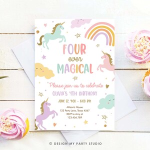 Editable Unicorn 4th Birthday Invitation Four Ever Magical Party Invite ...
