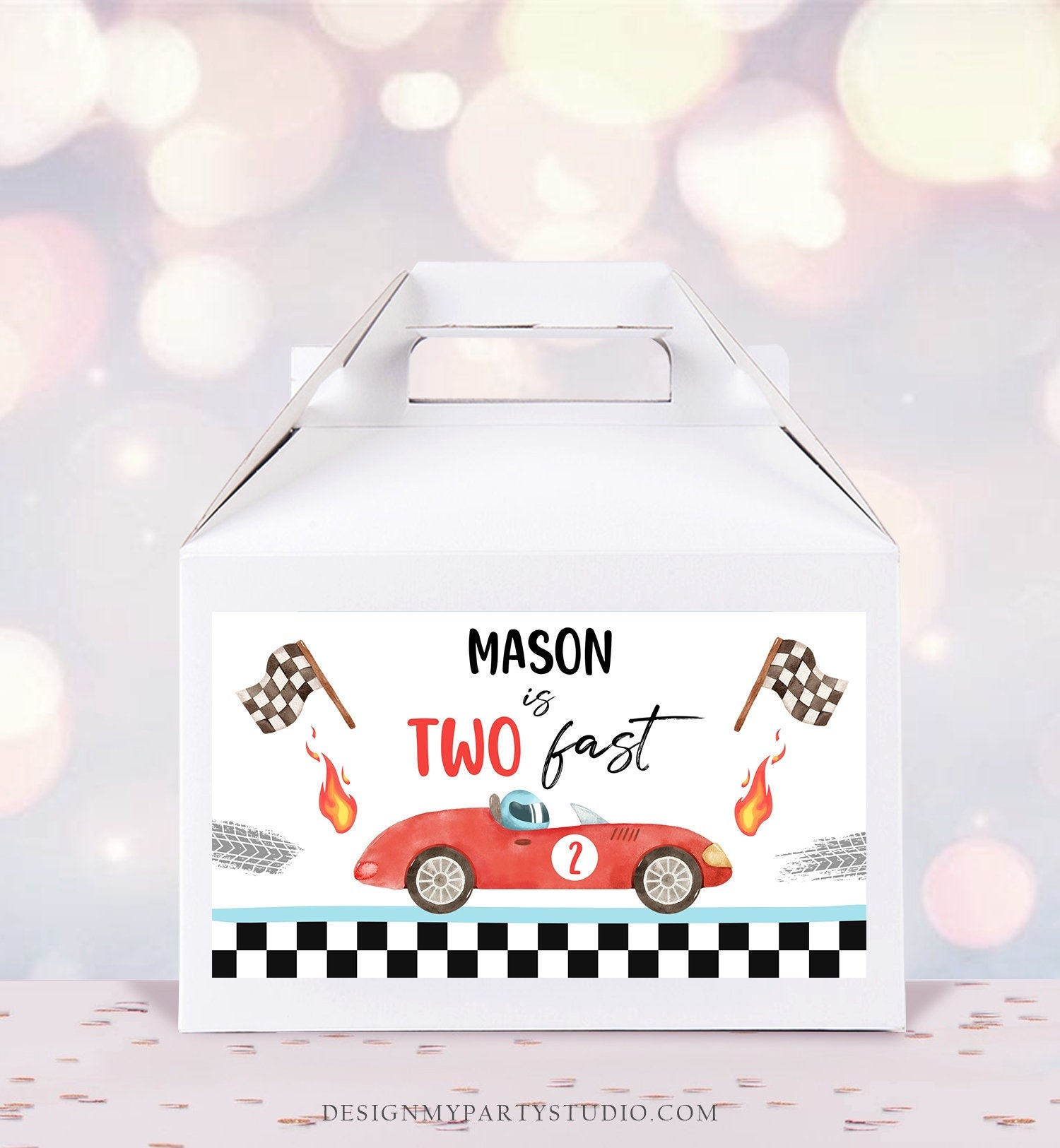 Editable Two Fast Gable Box Favor Label Race Car Birthday Favor Box ...