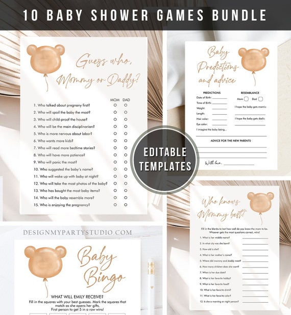 Editable Teddy Bear Baby Shower Games Bundle Bearly Wait Baby Shower Activity Gender Neutral ...