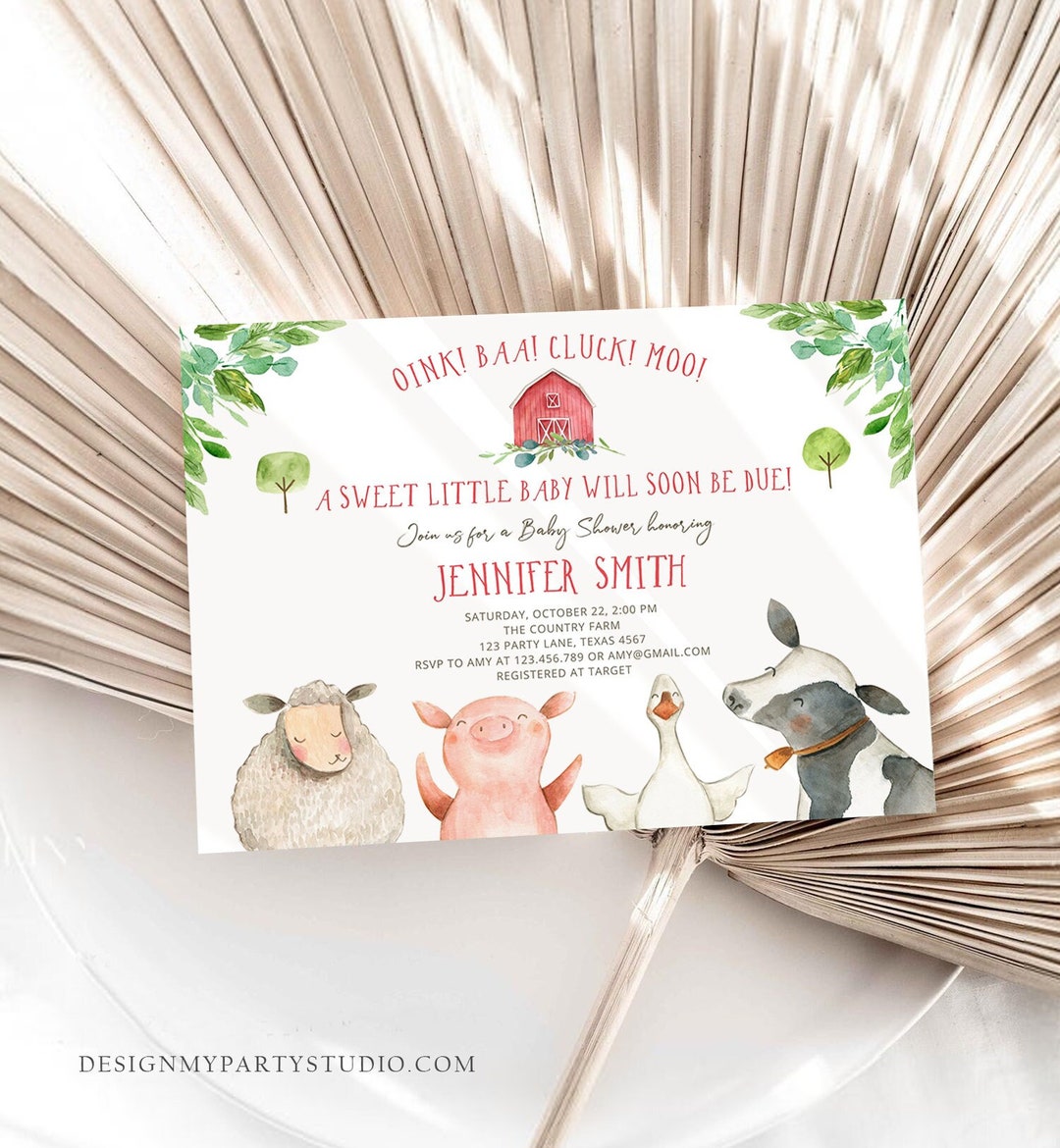Editable Farm Animals Baby Shower Invitation Party Animals Boy Red Barn ...