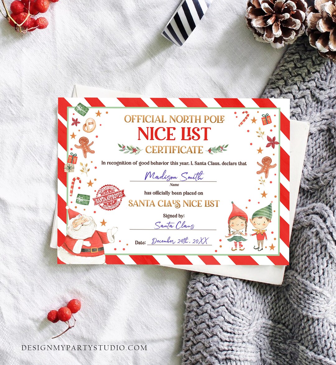 Editable Santa Claus Official Nice List Certificate Letter From Desk ...