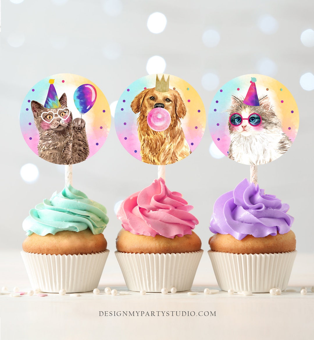 Cats and Dogs Cupcake Toppers Puppy Favor Tags Puppy Birthday Kitten ...