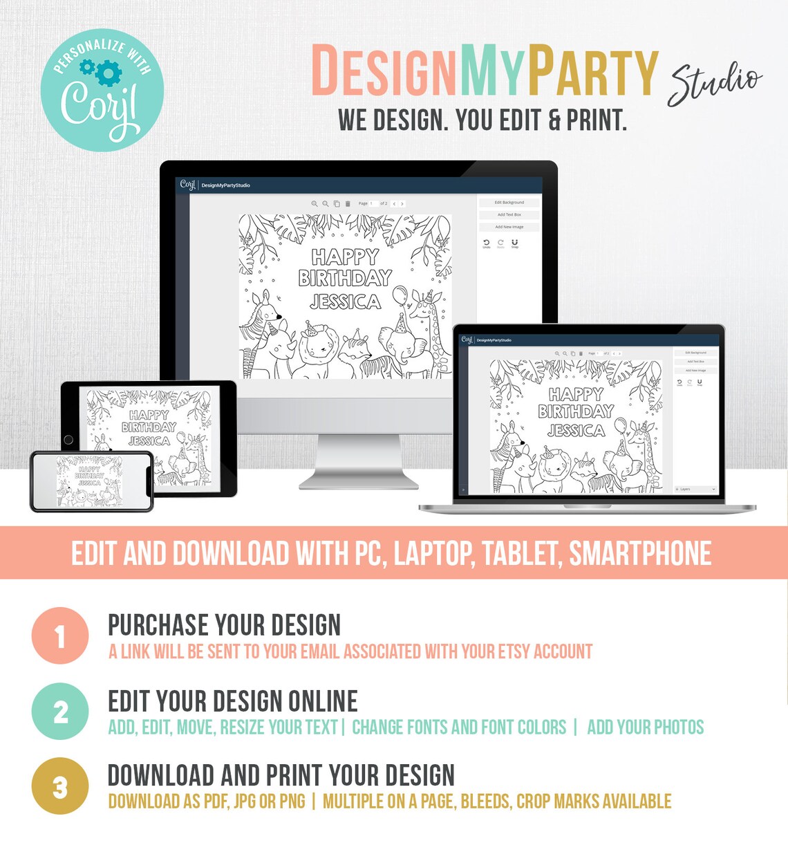 Editable Coloring Page Safari Animals Birthday Party Activity - Etsy