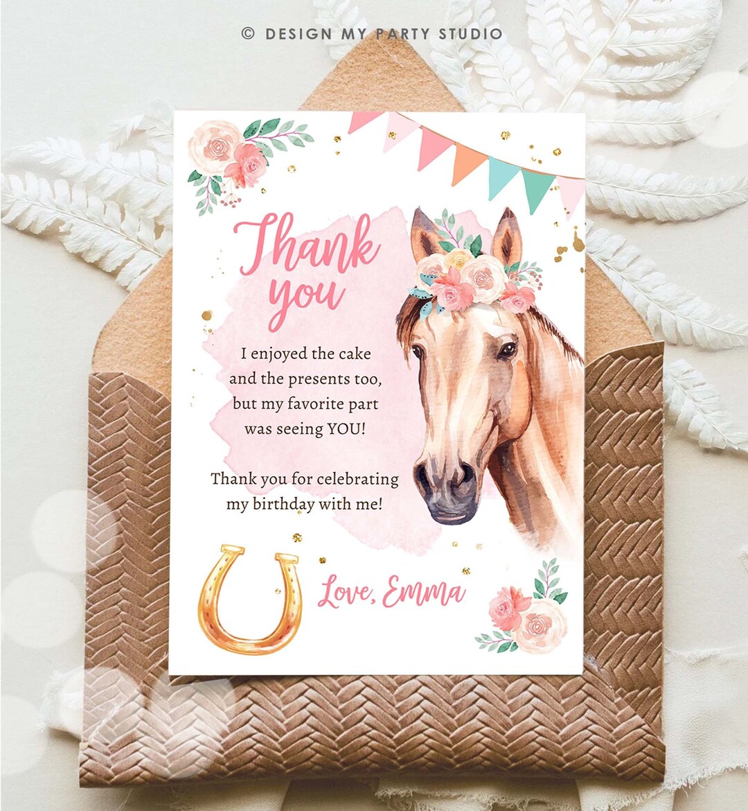 Editable Horse Thank You Card Note Girl Birthday Party Cowgirl ...