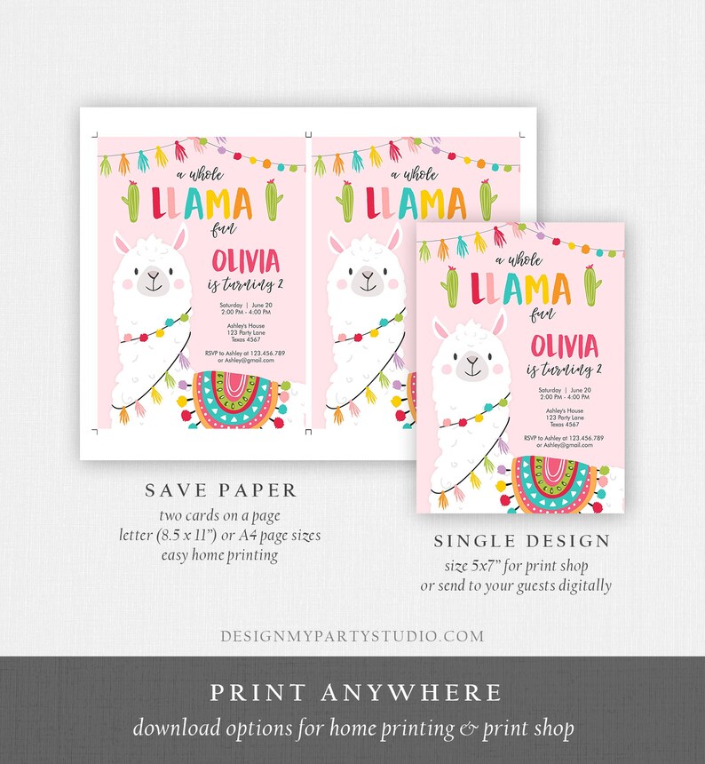 Editable Whole Llama Fun Birthday Invitation Fiesta Mexican Cactus Pink ...