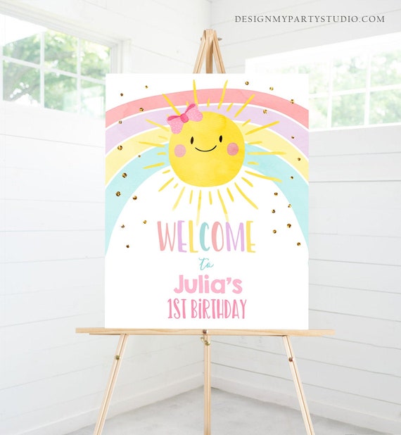 Editable Sunshine and Rainbow Welcome Sign Sunshine Birthday Party Pink ...