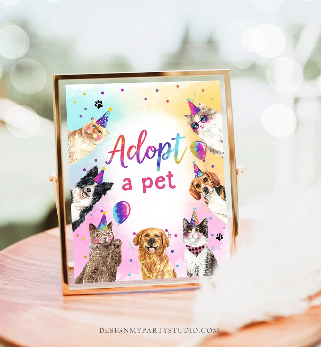 Adopt a Pet Birthday Sign Cats and Dogs Party Kitty Birthday Puppy ...