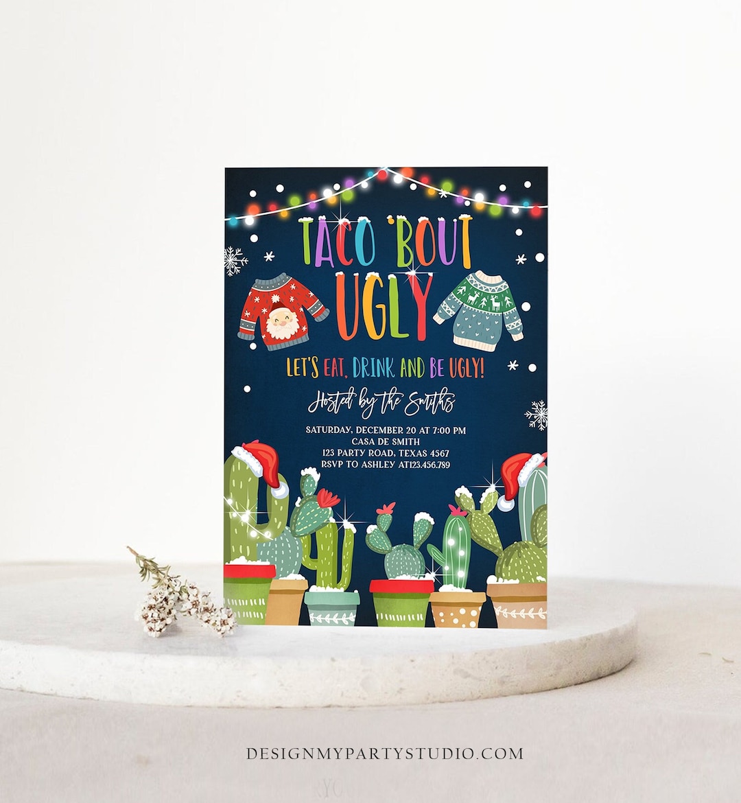 Editable Taco Bout Ugly Sweater Christmas Invitation Fiesta Cactus ...