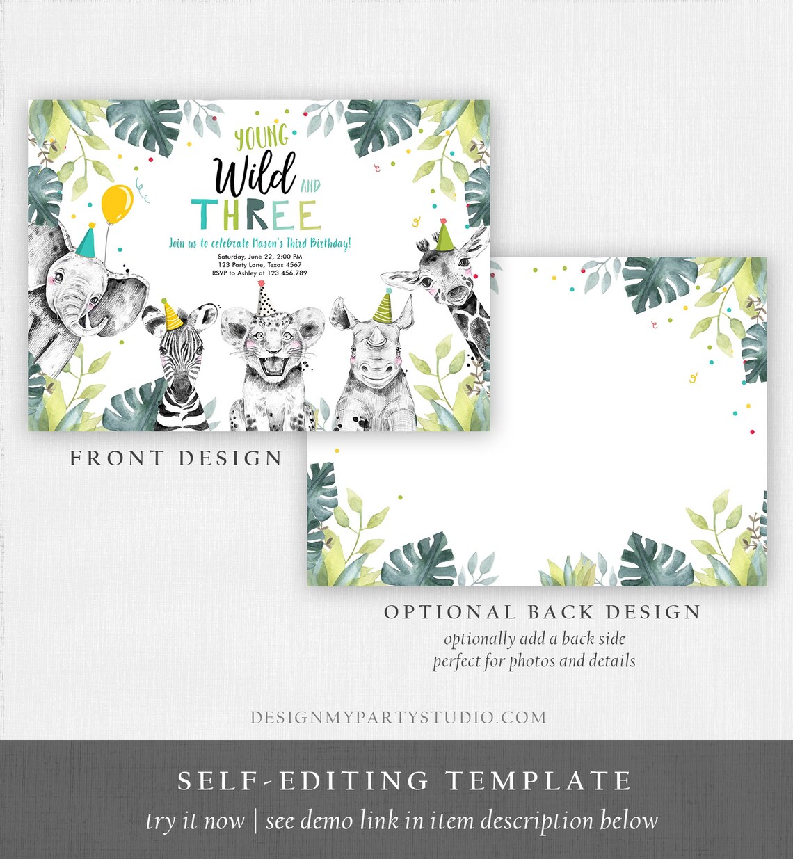 Editable Young Wild and Three Invitation Boy Safari Animals | Etsy