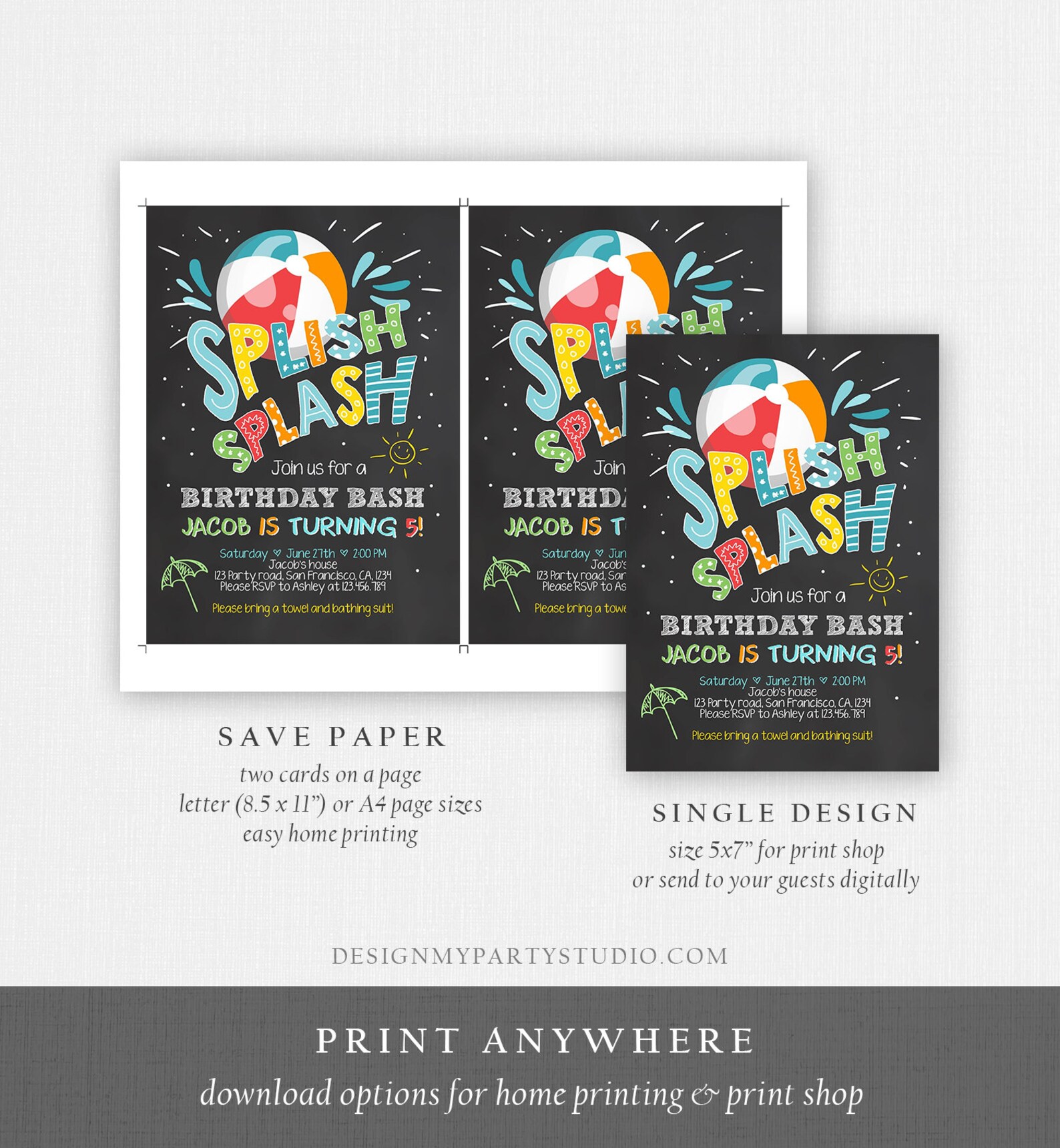 Editable Splish Splash Birthday Invitation Pool Party Boy - Etsy