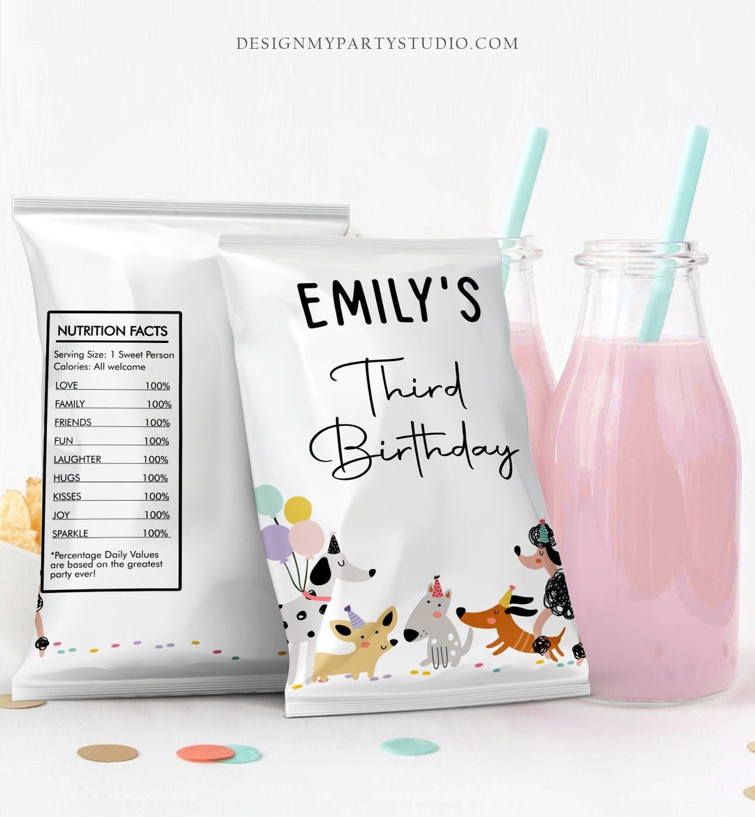 Editable Dog Chip Bag Puppy Party Decor Girl Pawty Birthday Party Snack ...