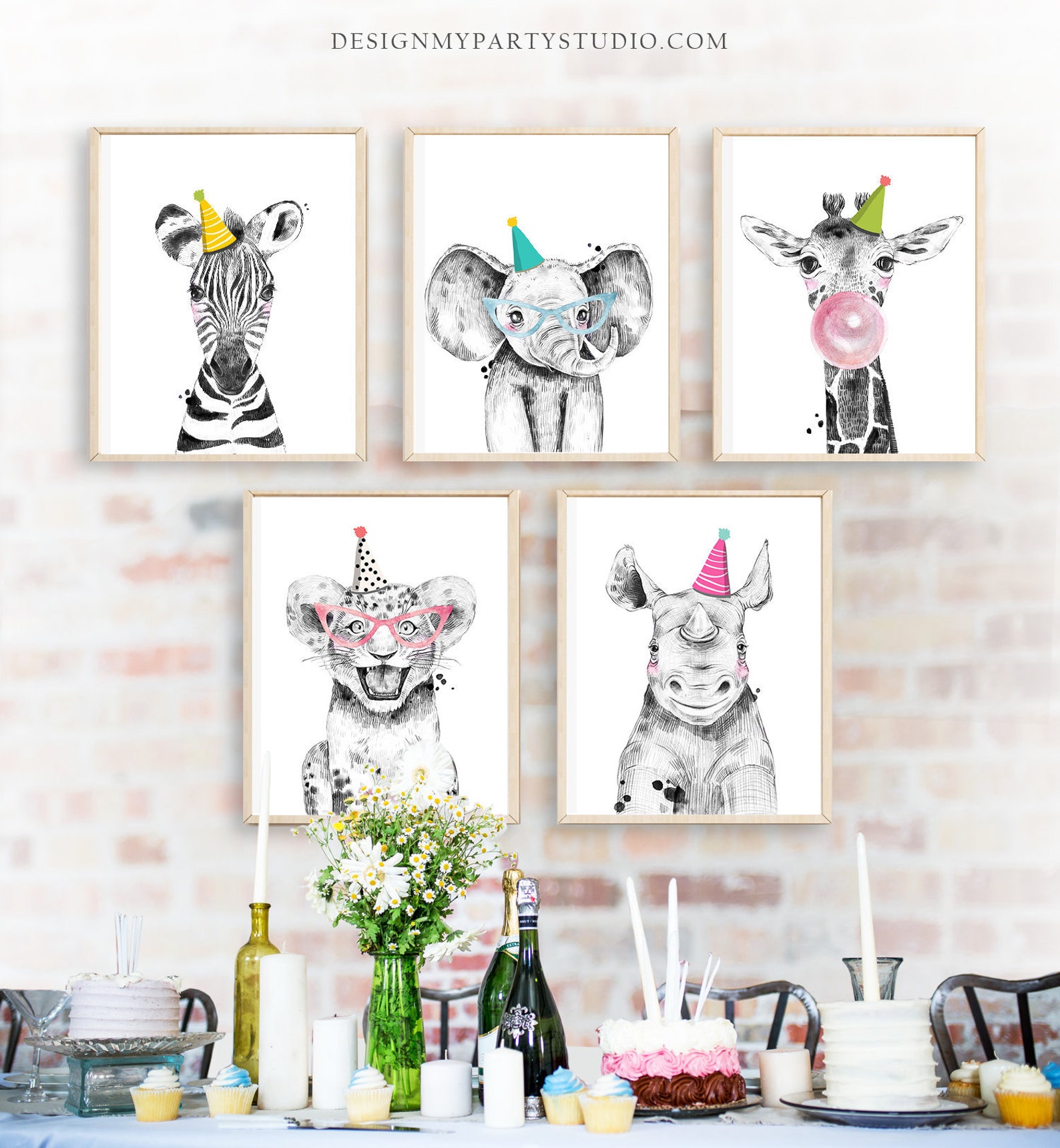 Party Safari Animals Print Set Birthday Decor Wall Art Wild Animals ...