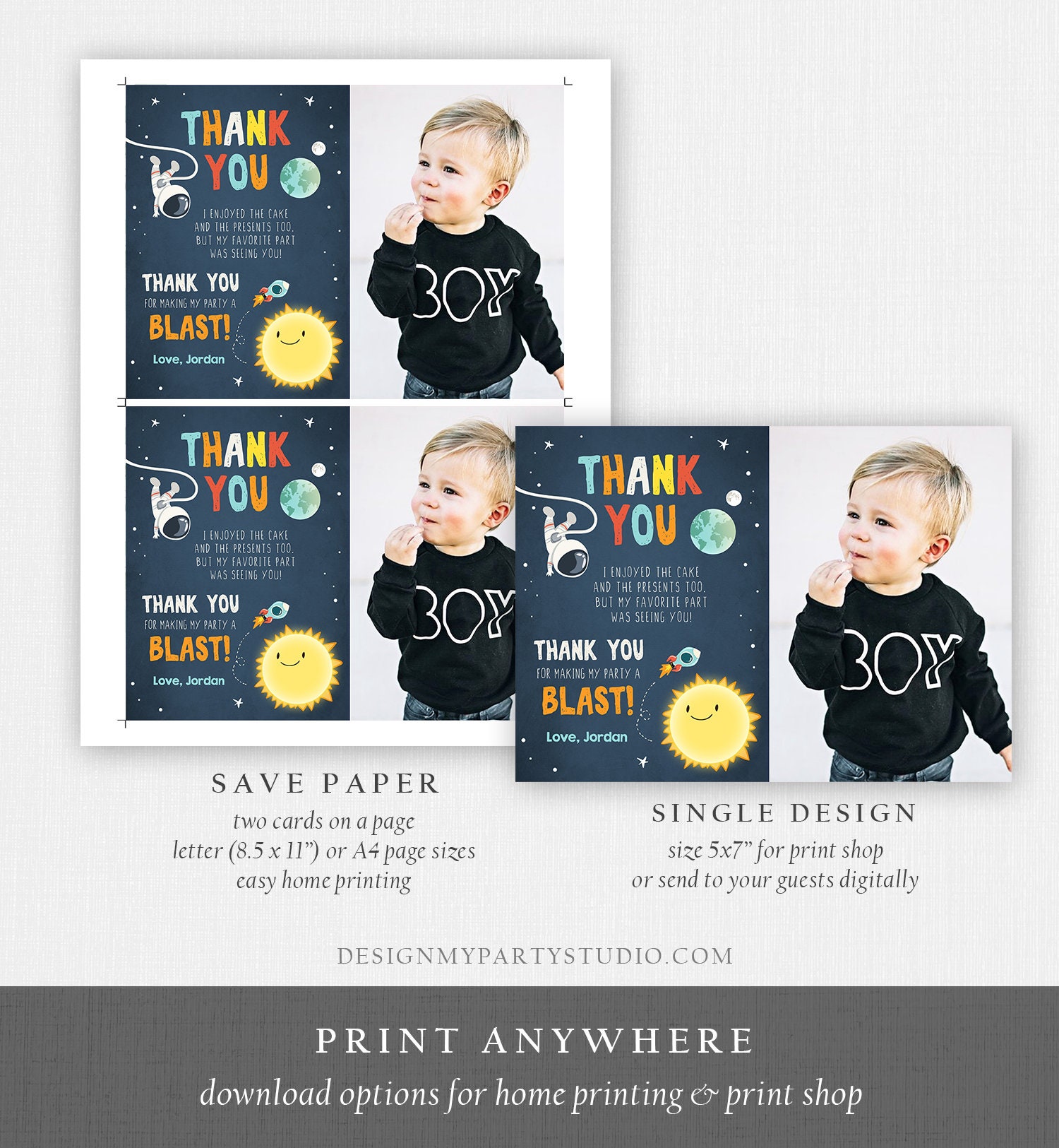 Editable Space Birthday Thank You Card Space Astronaut to the Moon ...